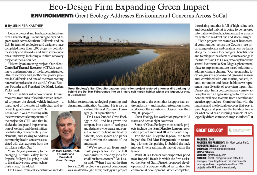 Great Ecology Featured in San Diego Business Journal – Great Ecology